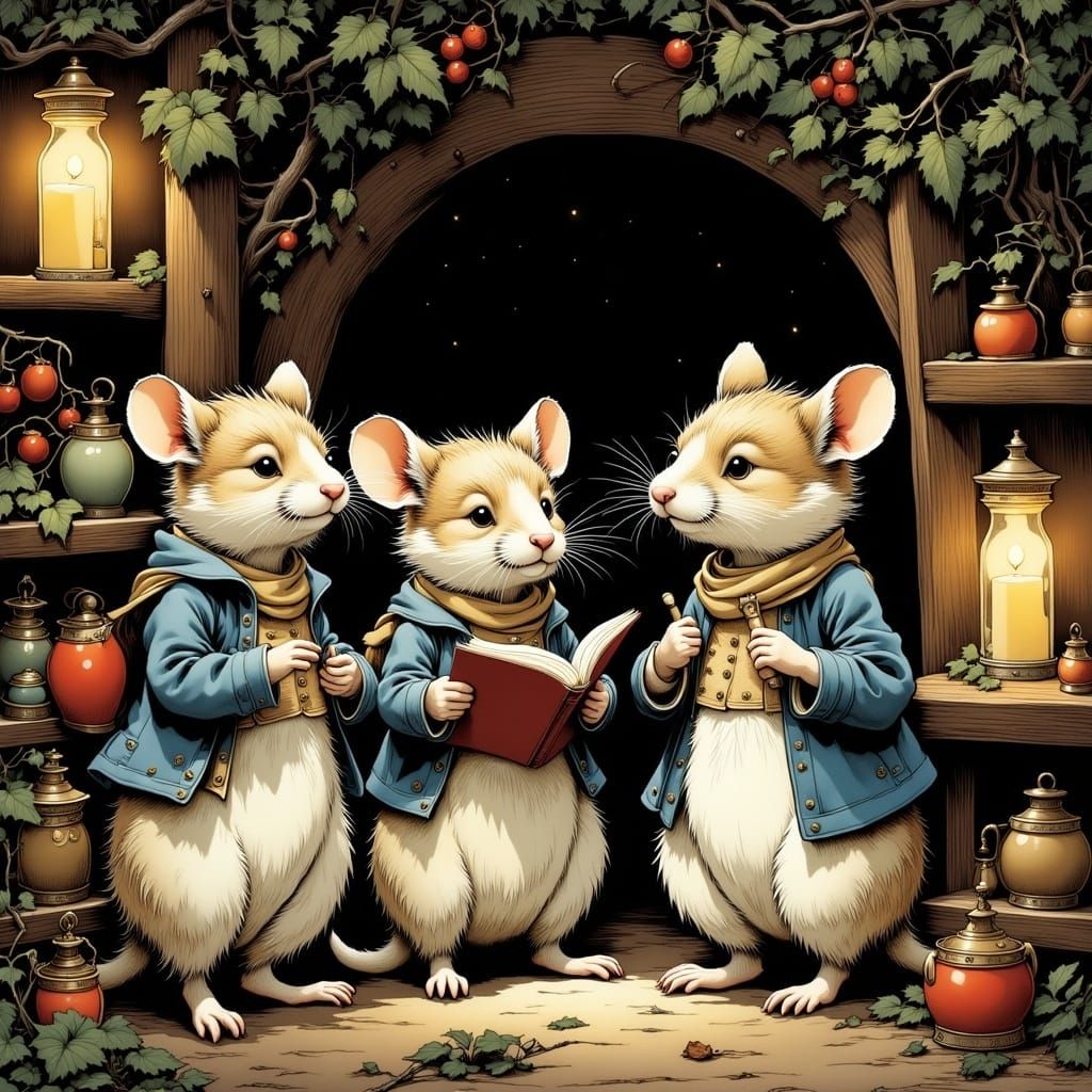 Cheerful Mice Sing Christmas Carols in Whimsical B... - AI Art