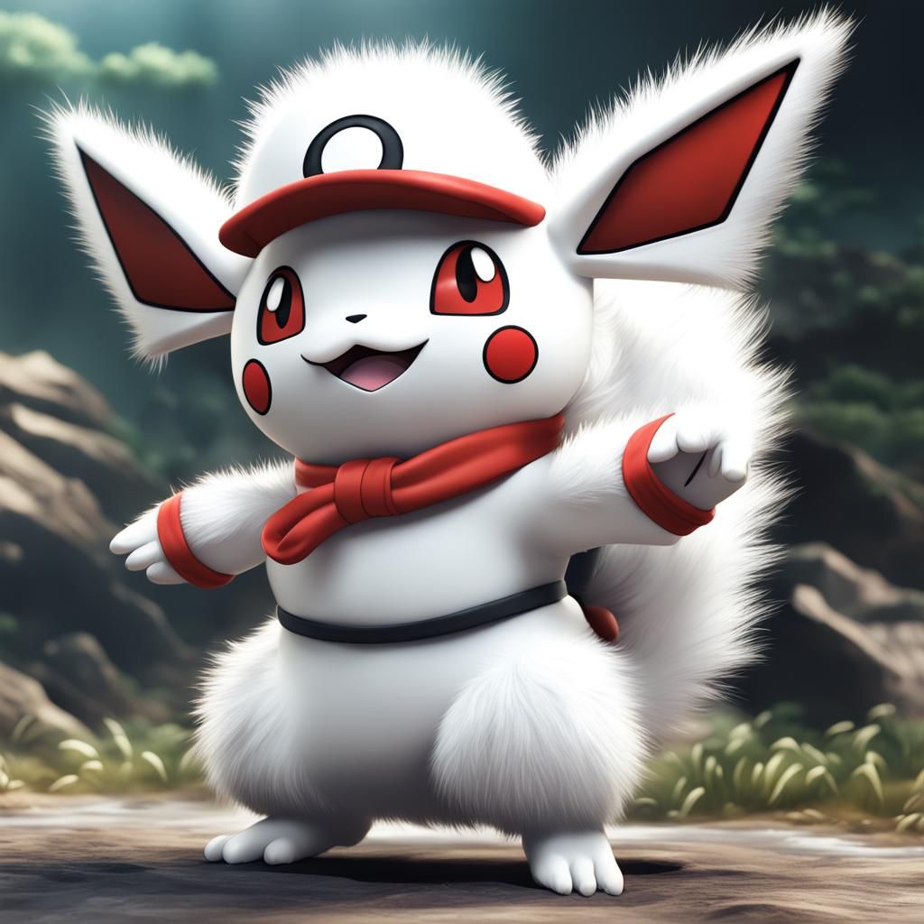 A white fuzzy Fighting type Pokemon wearing Karate gloves and a head ...