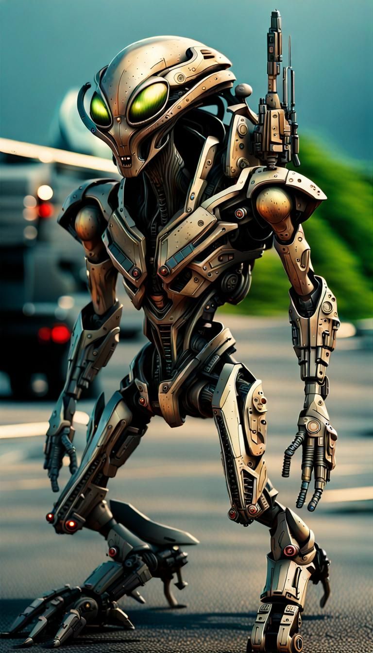 Aliens in iron metal body fully armored with machine gun rocket ...