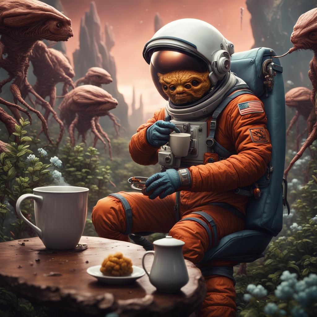 astronaut with a cup of tea surrounded by large curious bug aliens - AI ...