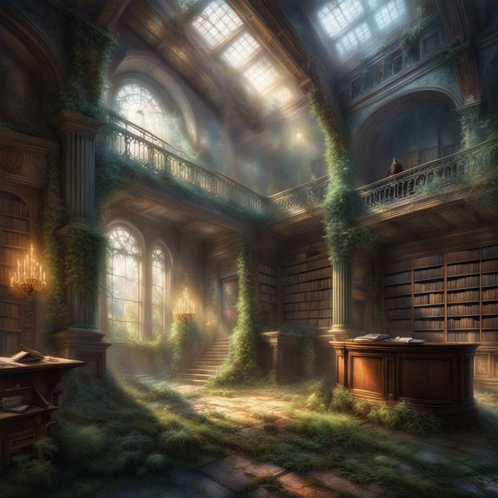 Abandoned library interior, overgrown ruins, Epic cinematic brilliant ...