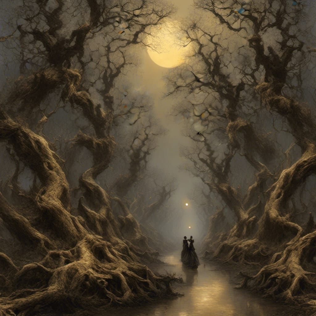 a wide path between many dead trees trunks in dancing sinuous shapes in ...