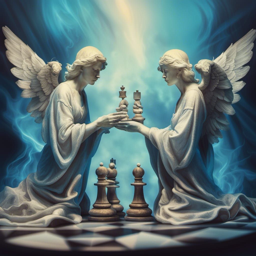 two angelic entities playing chess immersed in blue light with ...