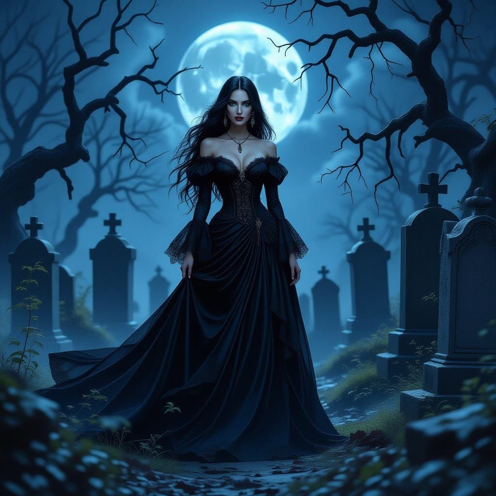 Gothic Fantasy Woman in Moonlit Graveyard - AI Art