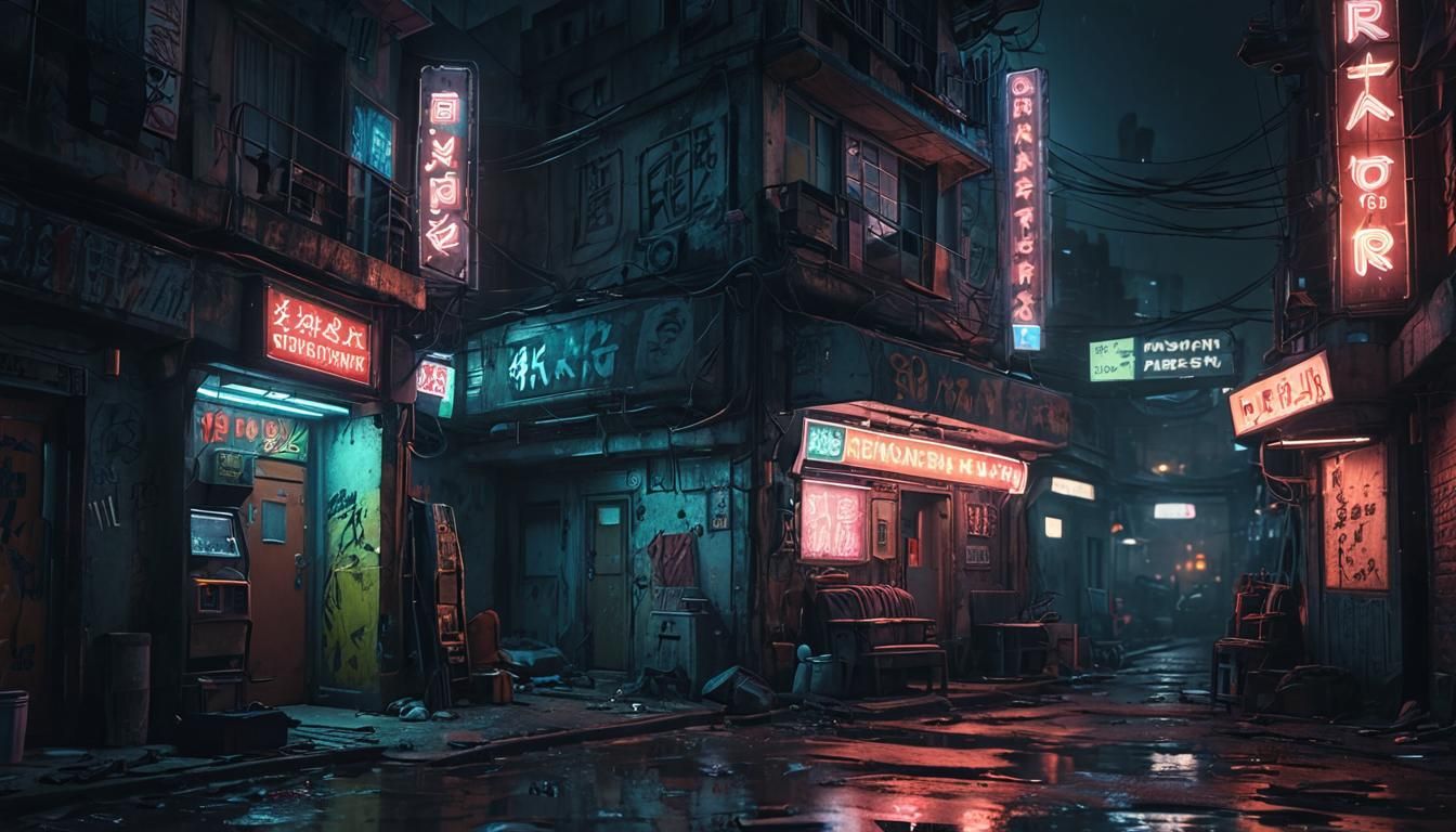 neon signs in the cyberpunk underground slums - AI Generated Artwork ...