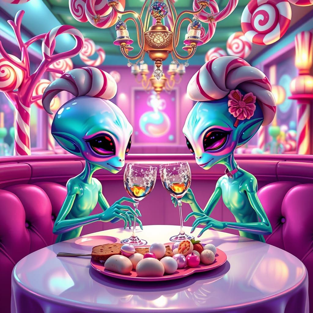 Cartoon Aliens Enjoy Fancy Restaurant Date in Whim... - AI Art