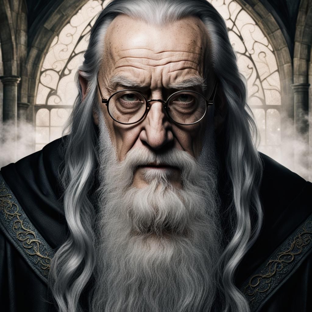 Cloeup of Professor Albus Dumbledore, earting black robe, glasses ...