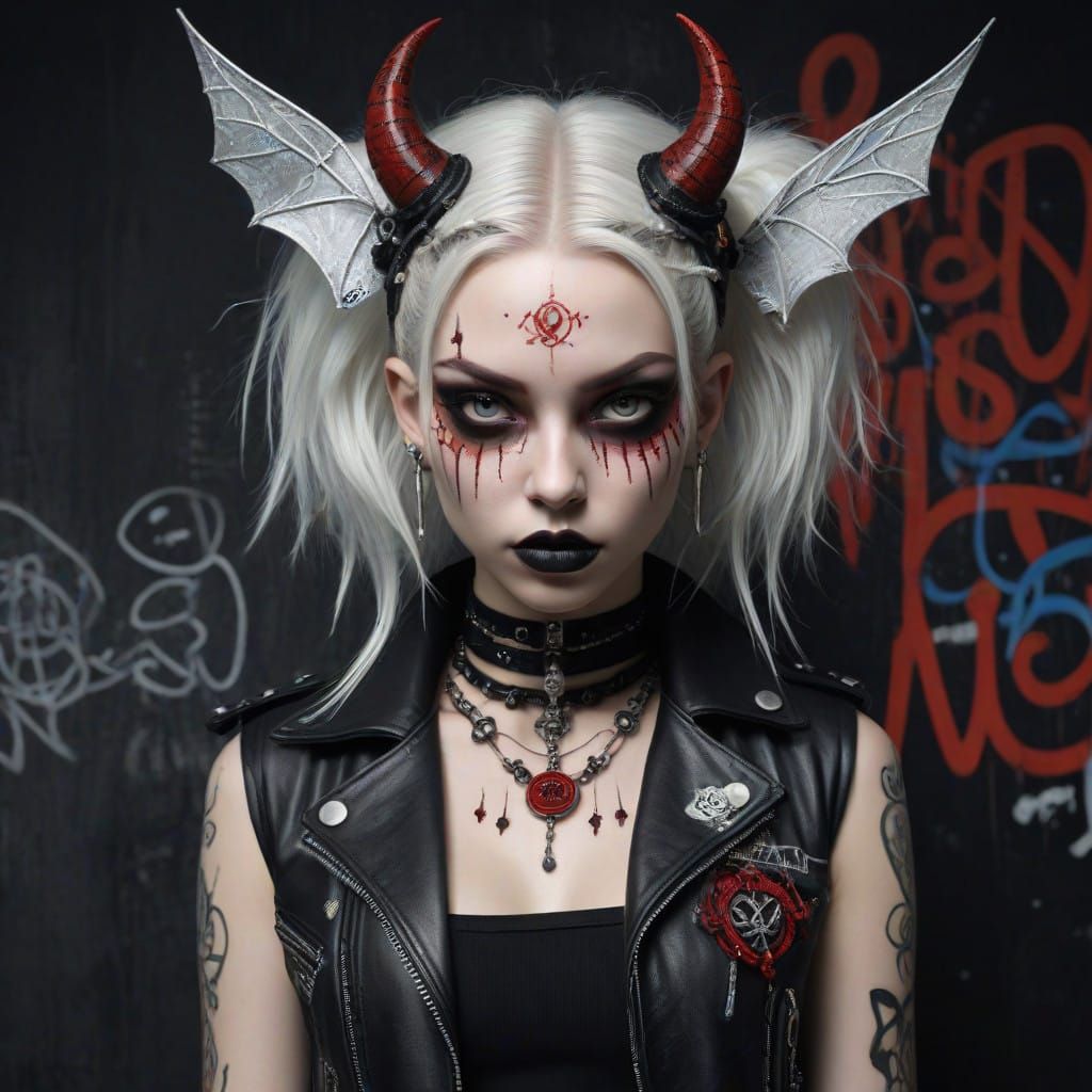 A striking, platinum-blonde demoness with curved, crimson-tipped horns ...