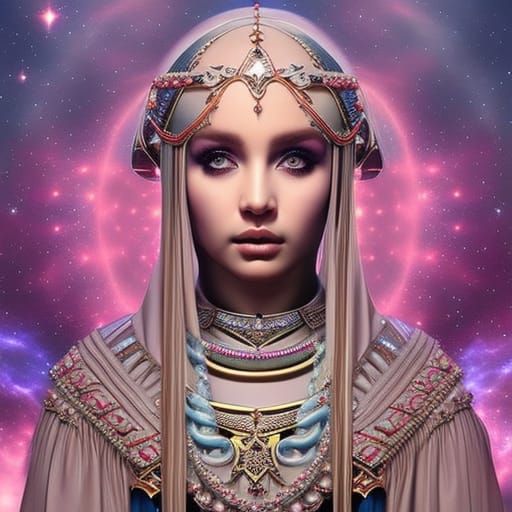 Insanely detailed photorealistic portrait art of celestial maiden, surrounded by intricate orbs ...