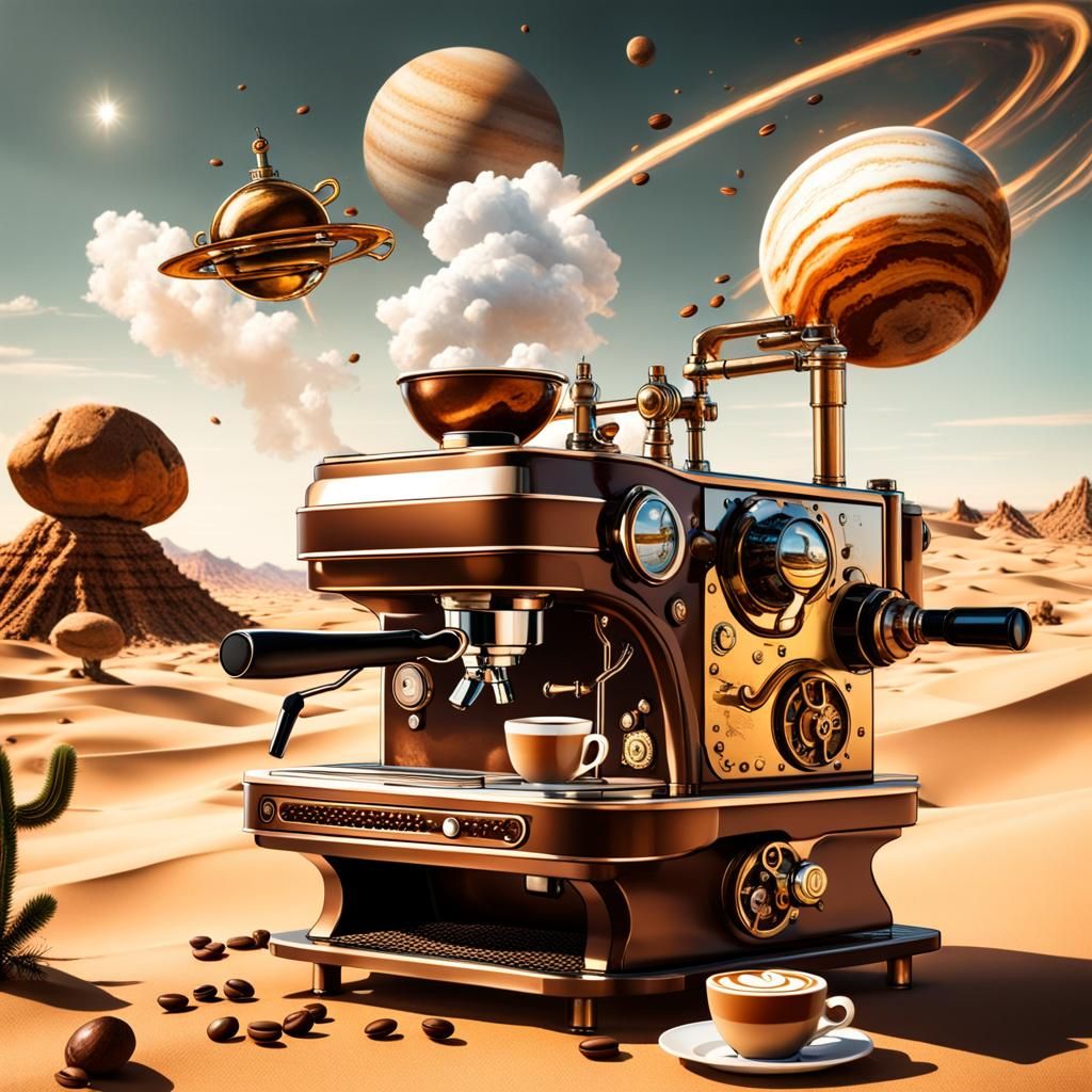 a steampunk espresso machine firing a stream of coffee beans from its ...