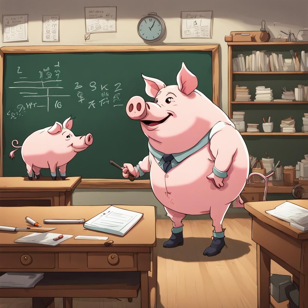 a draw in cartoon style of a farm pig standing in front of chalkboard ...