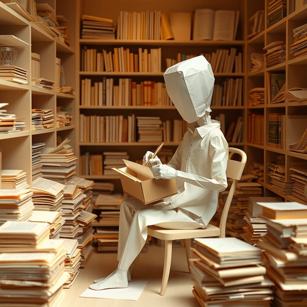 Paper Figure Sits in Whimsical Study, Surrounded b... - AI Art