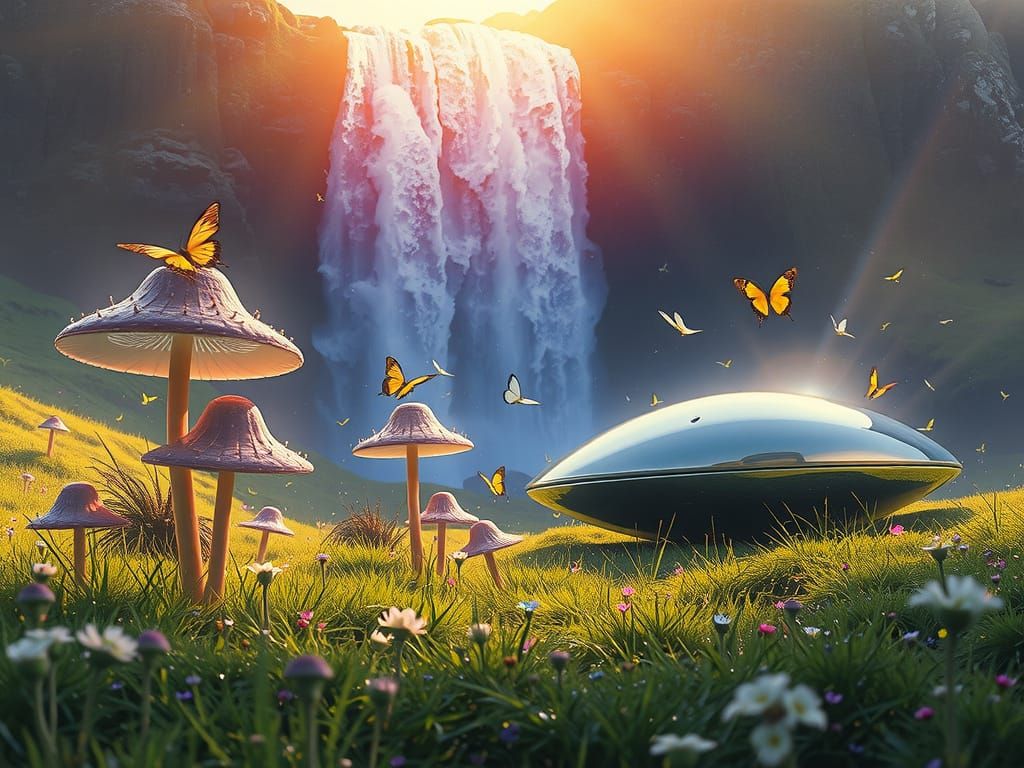 A sleek, metallic alien spacecraft, with gleaming, reflective surfaces ...