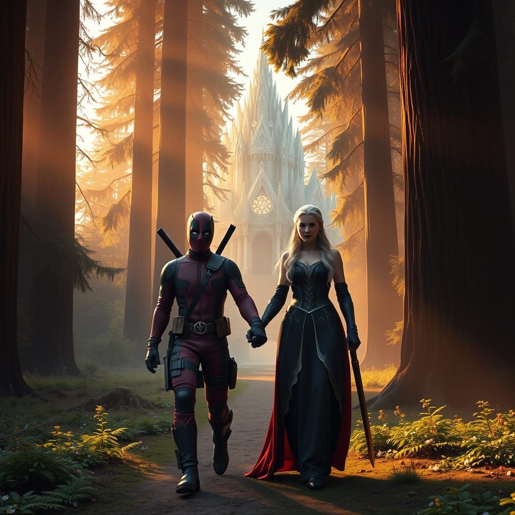 Deadpool and Daenerys in Enchanted Redwood Forest - AI Art