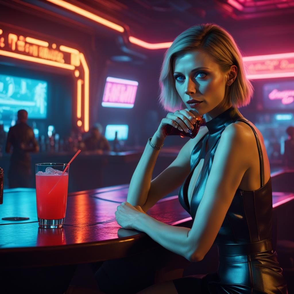 Rachel Riley having a drink in a bar cyberpunk 2099 blade runner 2049 ...
