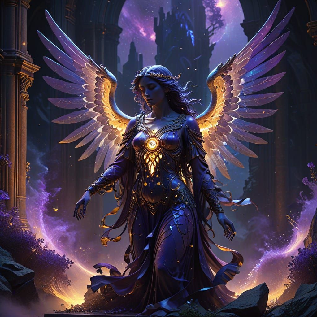 A solemn, majestic winged figure known as the Angel of Death stands at ...