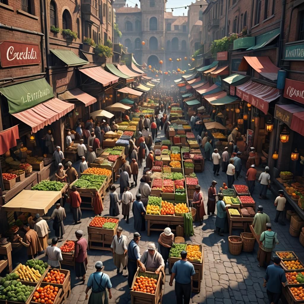 realistic image of a bustling street market with vibrant stalls selling ...