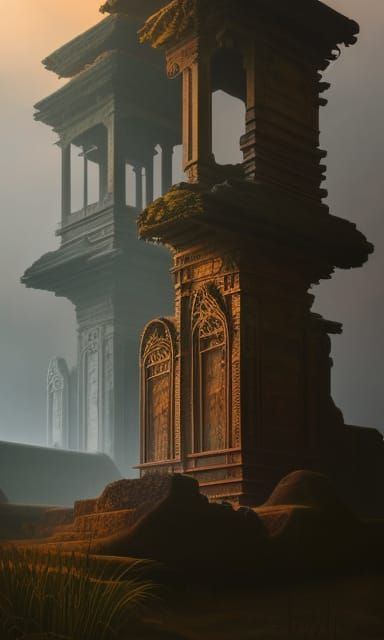 A fantastical landscape painting of an ancient temple, depicting the ...