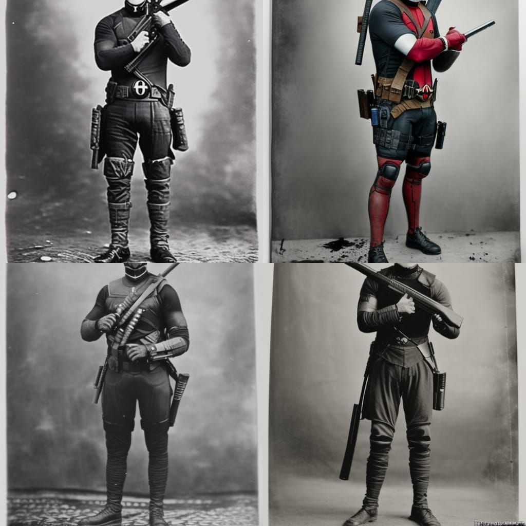 1890s deadpool holding a bloody shotgun, full body portrait, face ...