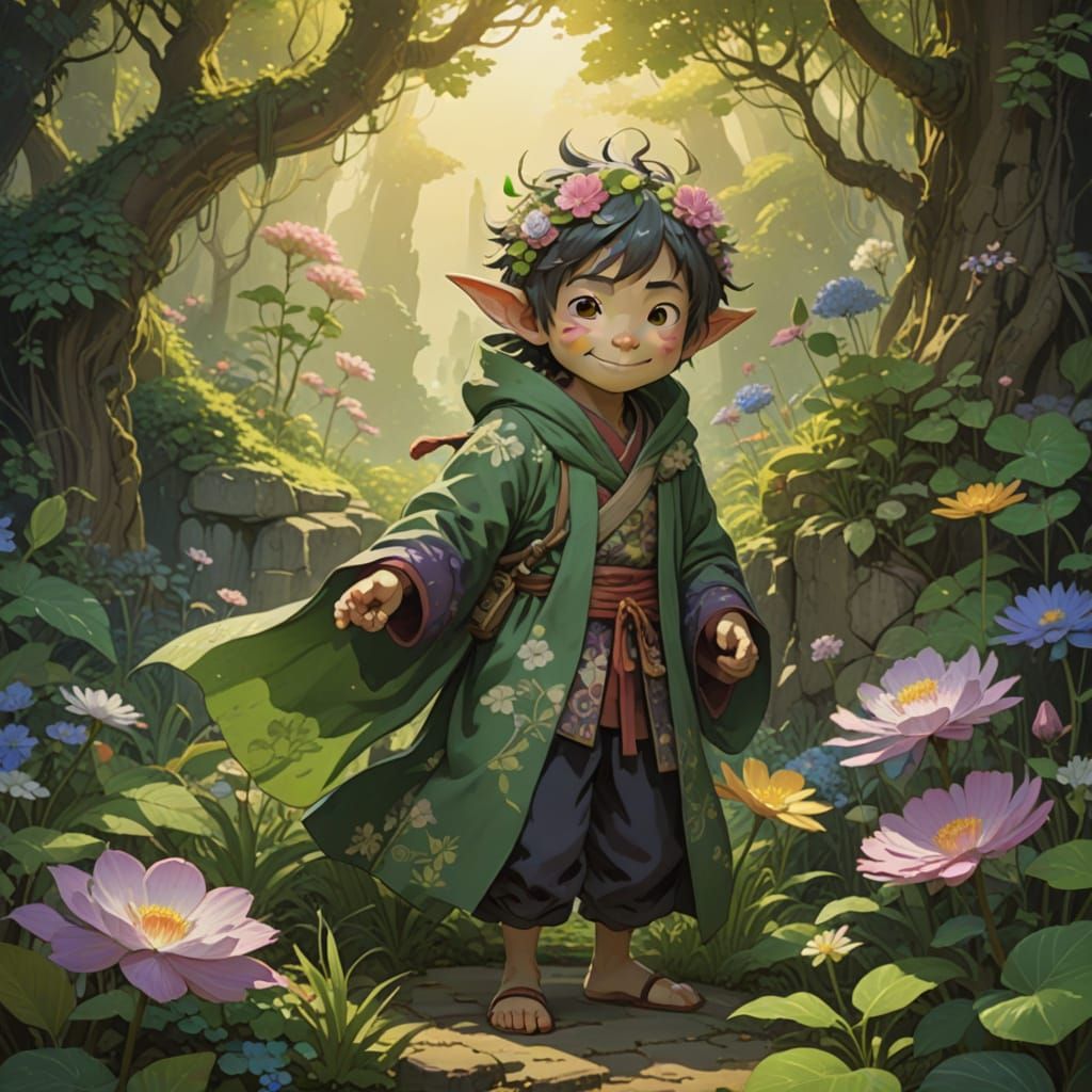 Whimsical Goblin Boy in Ancient Fantasy Robe Surro... - AI Art