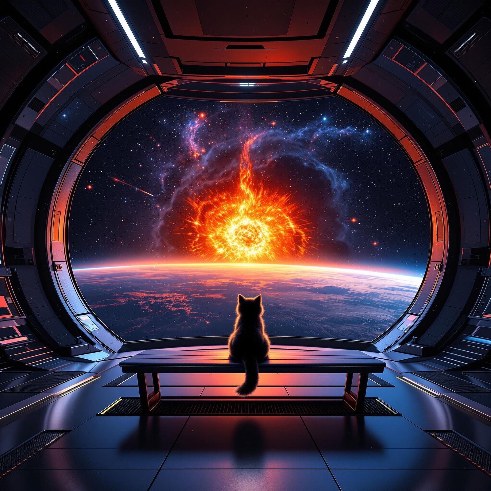 inside a space ship observation room, that has completely see through ...