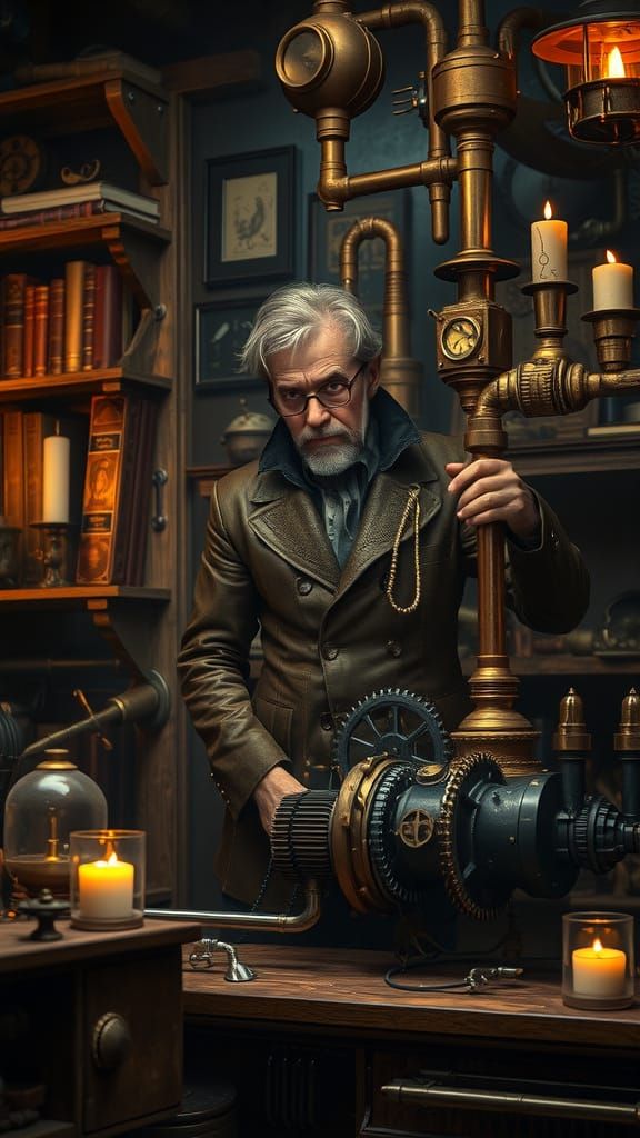 A mad Scientist Inventor with a Medieval and steampunk laboratory ...