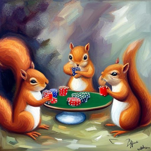 SQUIRRELS PLAYING POKER ,USING ACORNS FOR CHIPS IMPASTO - AI Generated ...