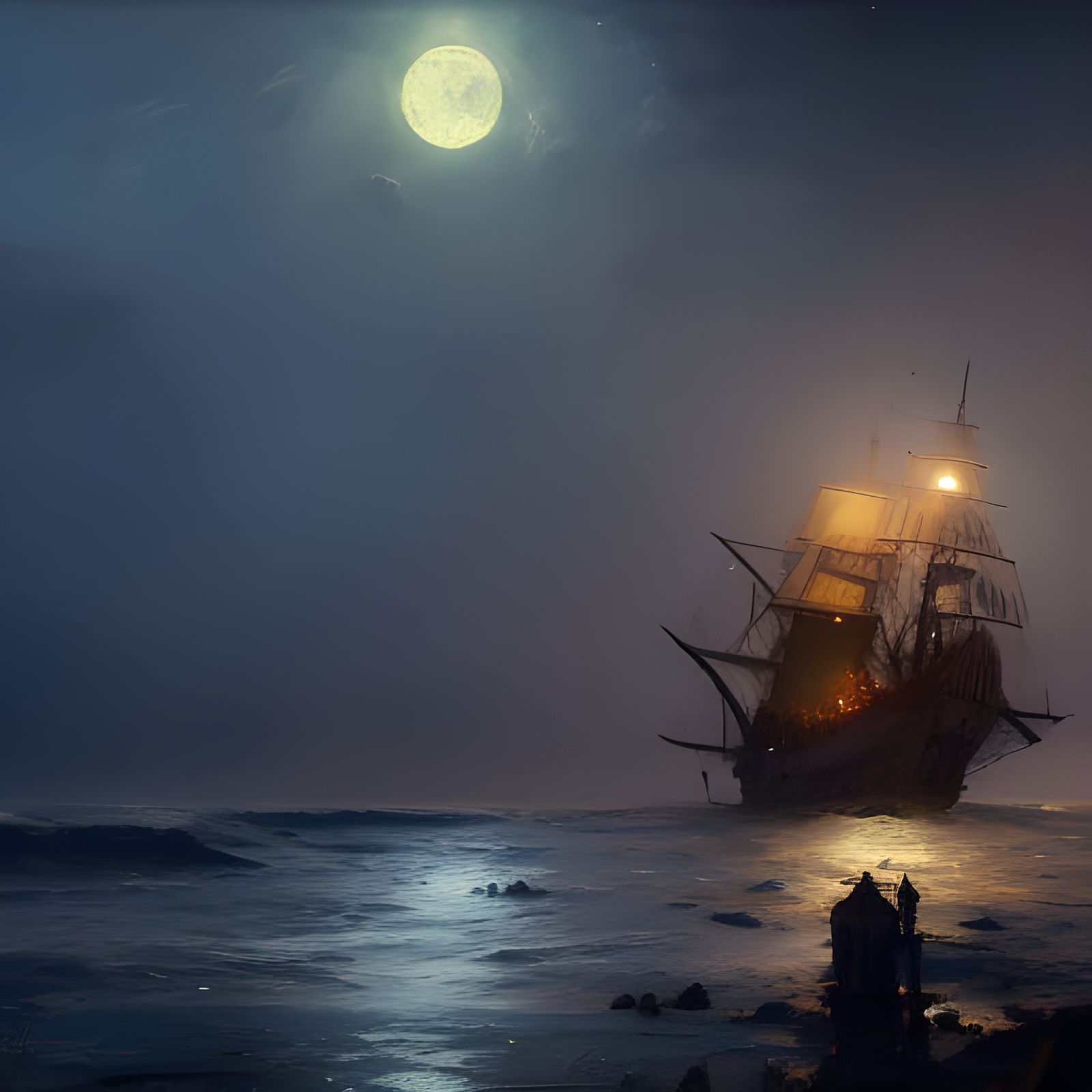 Pirate Ship - Full Moon - Pirate Ship Under Crescent Moon in...