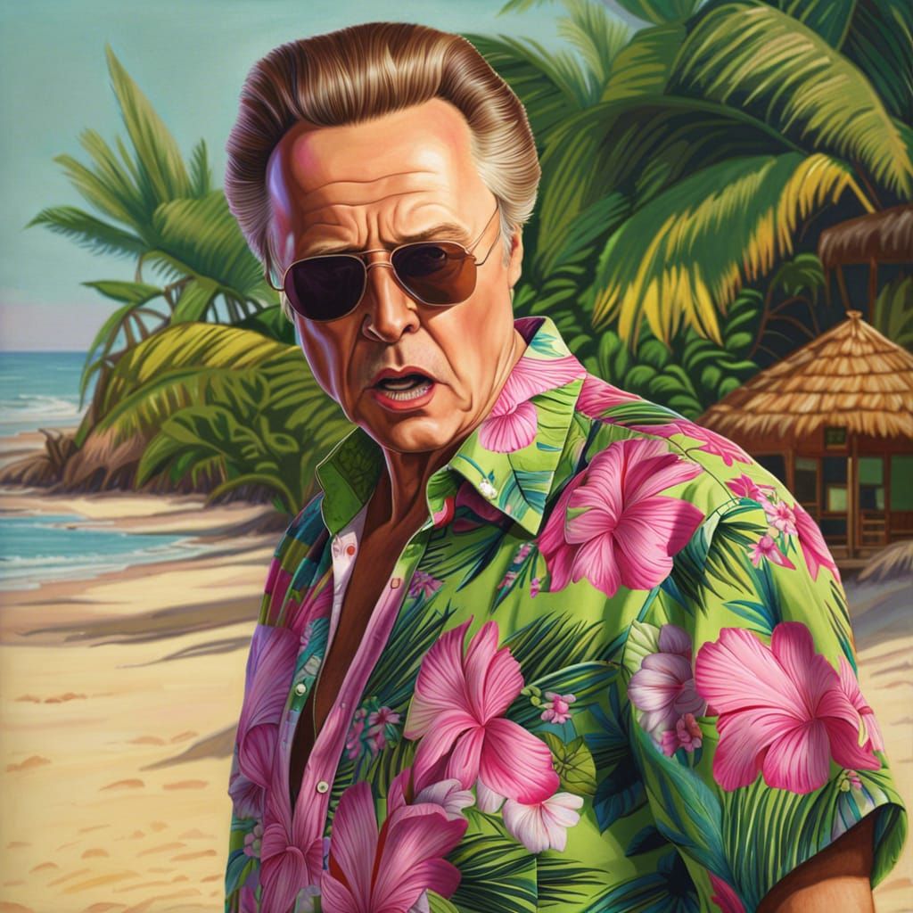 Angry_Christopher_Walken_pointing_a_gun wearing floral_Aloha_shirt ...
