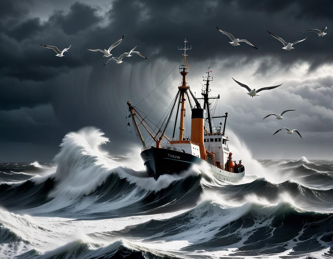 A ship battles the tempestuous waves of the North Sea. - AI Generated ...