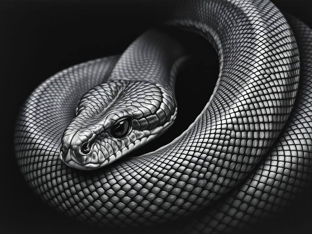Hyper-Realistic Snake Portrait in Charcoal and Gra... - AI Art