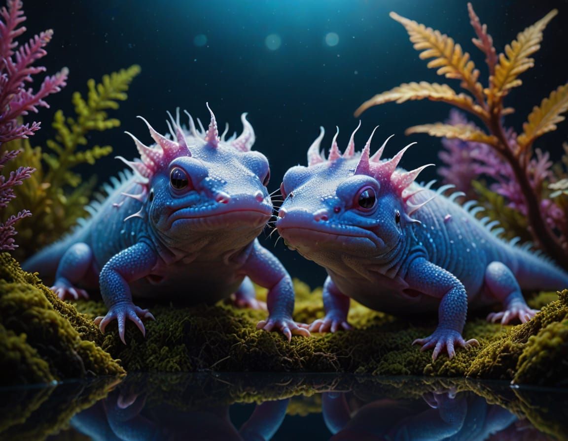 Vibrant Axolotls Embracing in a Fantastical, Glowi... - AI Art