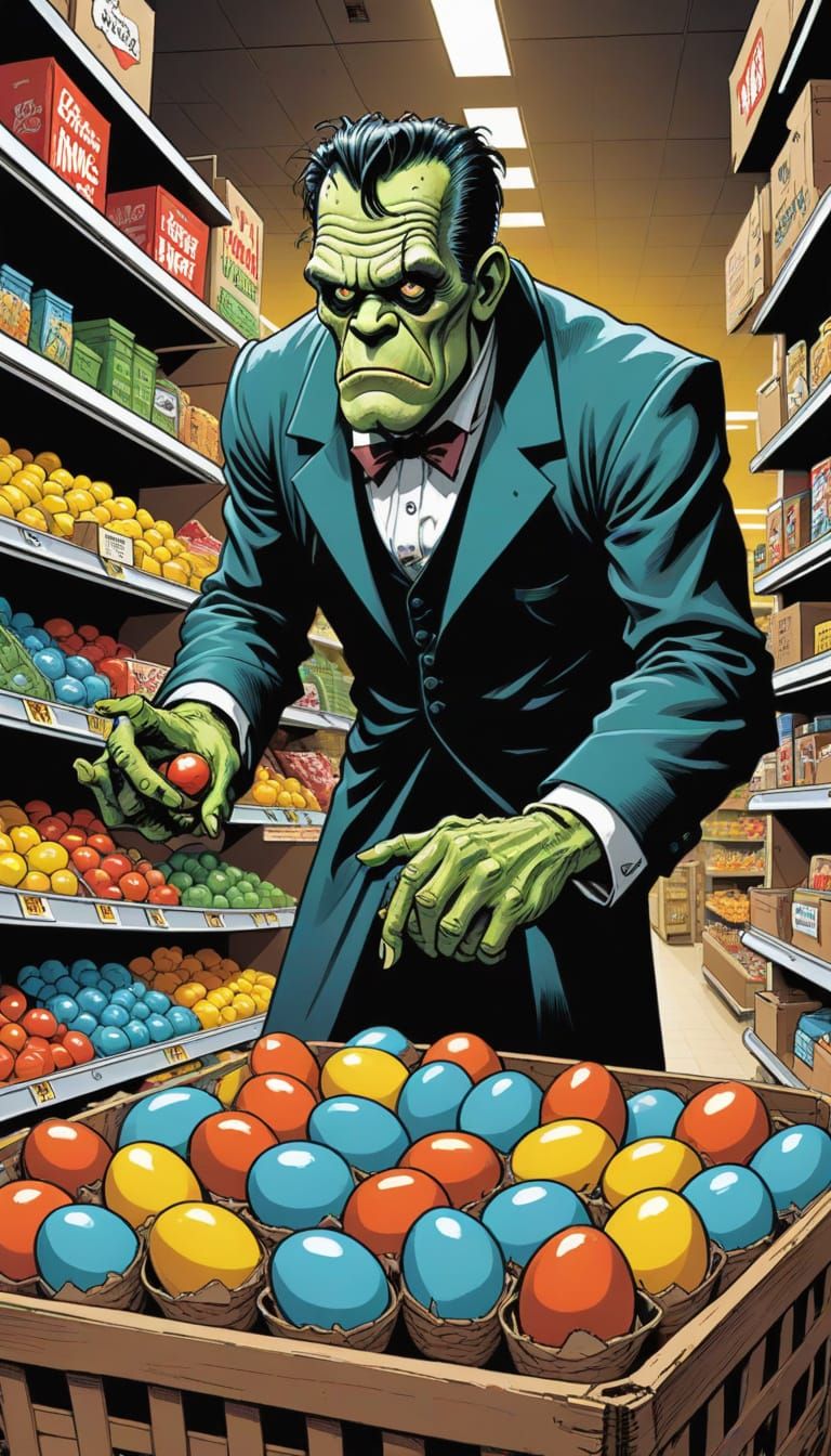 Grotesque Grocer: Frankenstein's Monster Eggsplode... - AI Art