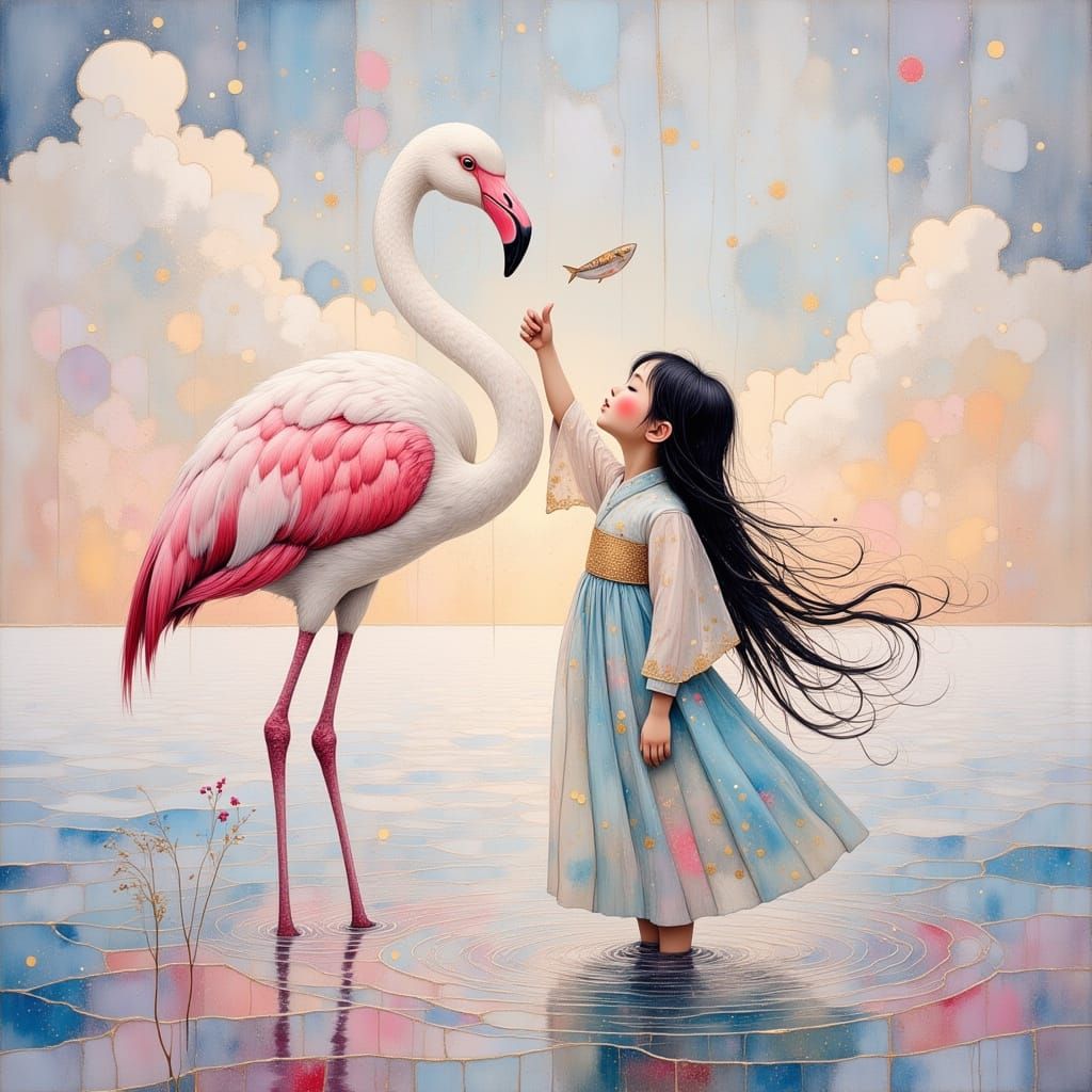 Catch - Ethereal Flamingo Scene in Vibrant Colors