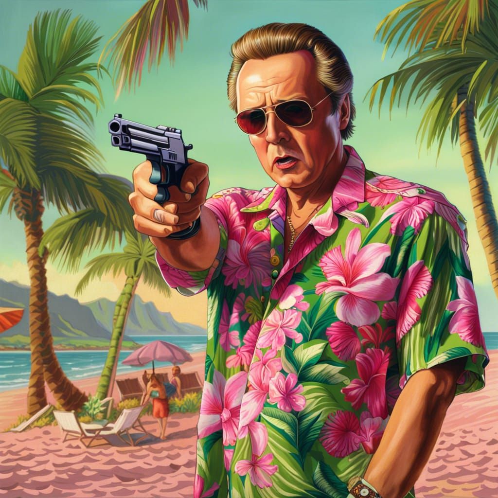 Angry_Christopher_Walken_pointing_a_gun wearing floral_Aloha_shirt ...