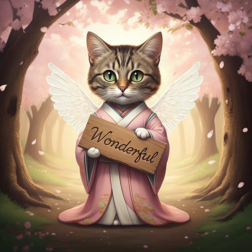 Chibi Tabby Cat Goddess with Cherry Blossom Landsc... - AI Art