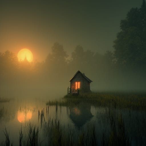 shack on the swamp with heavy fog all lite up - AI Generated Artwork ...