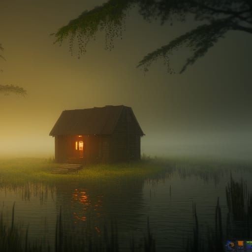 shack on the swamp with heavy fog all lite up - AI Generated Artwork ...