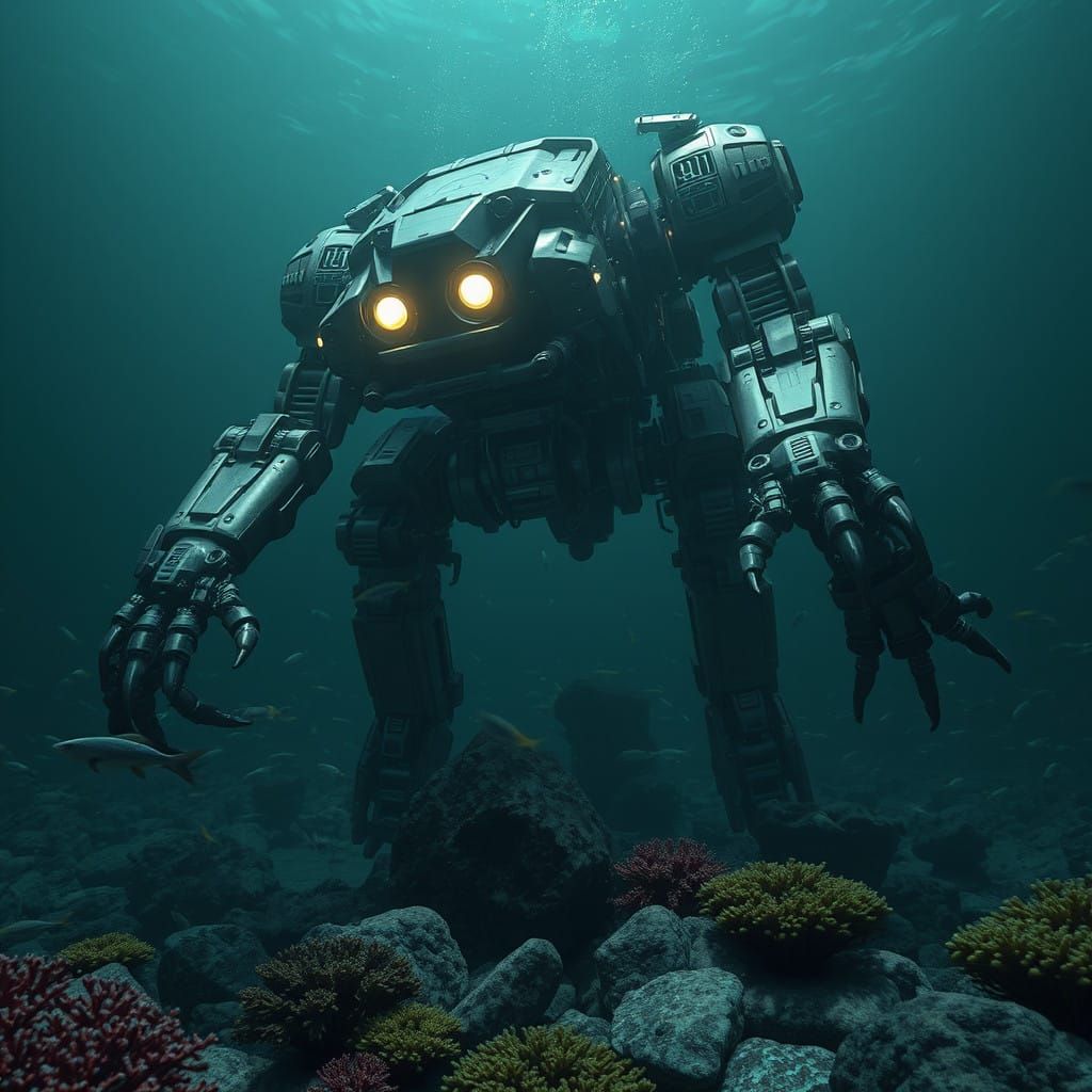Dive! Mech underwater, deep underwater, fish swimming around, A massive ...