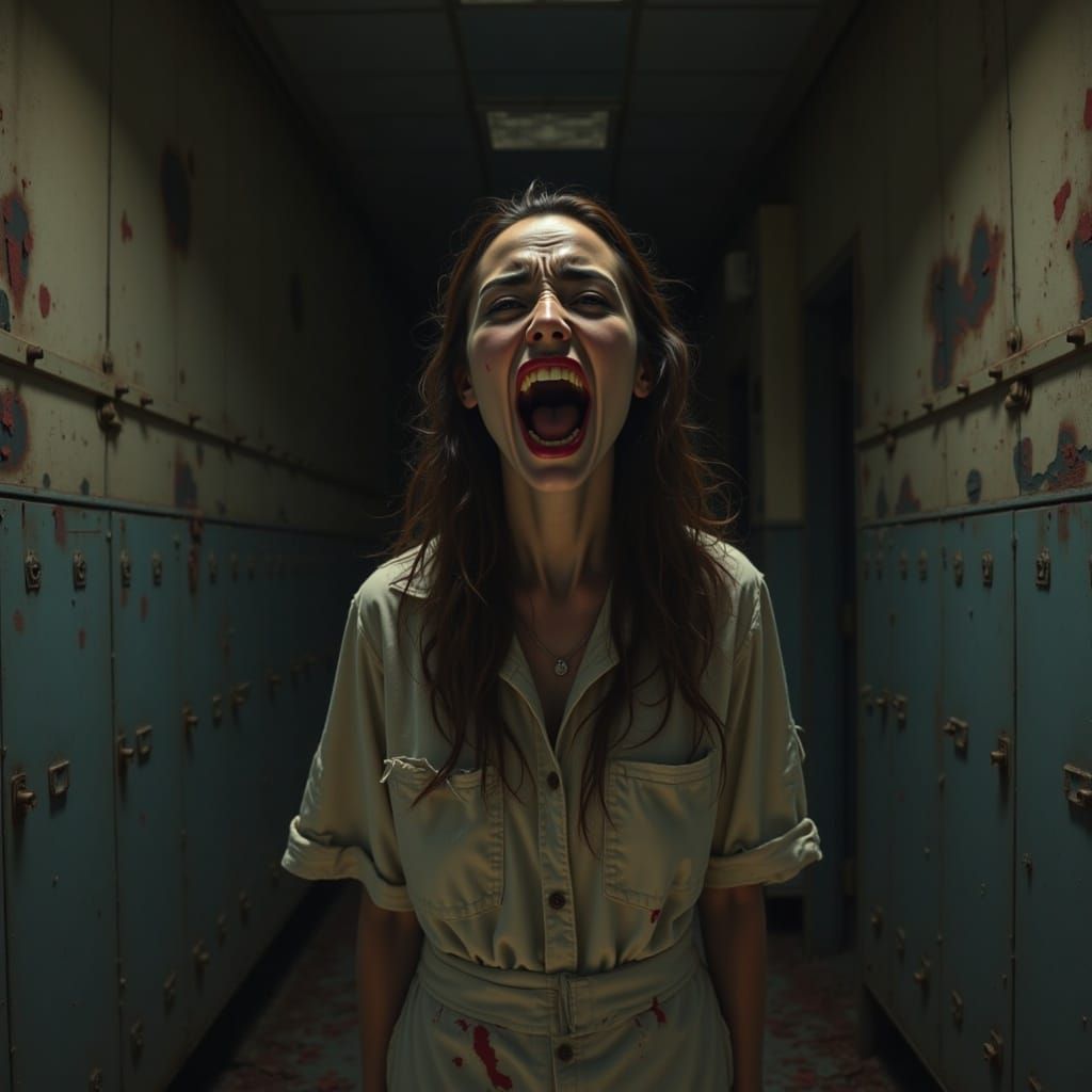 Woman in Asylum Liminal Space, Confronting Madness - AI Art