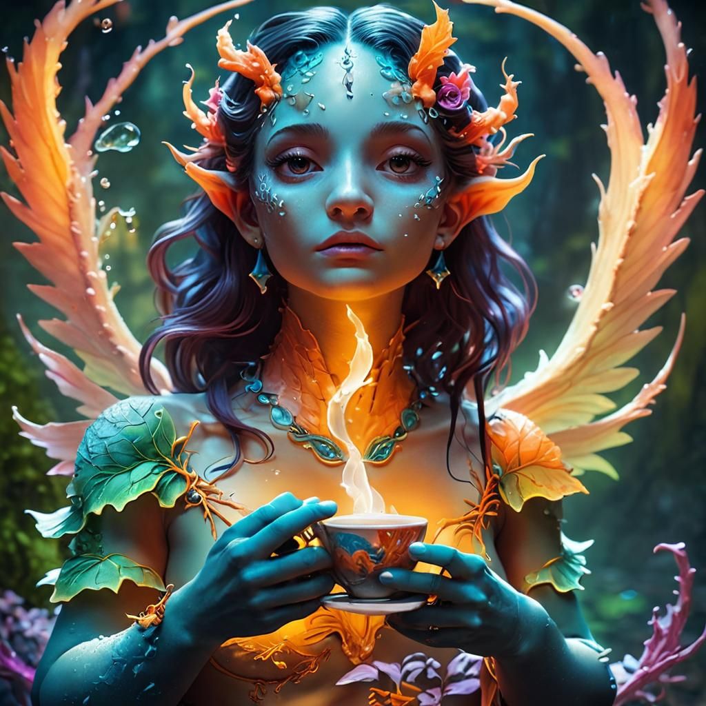 Water Nymph Sipping Elemental Tea - Surreal Water Nymph Amid...