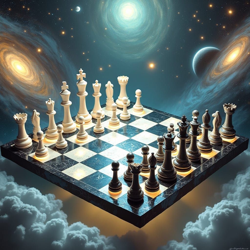 Celestial Chess Game - Cosmic Chessboard in Starry Night Sky