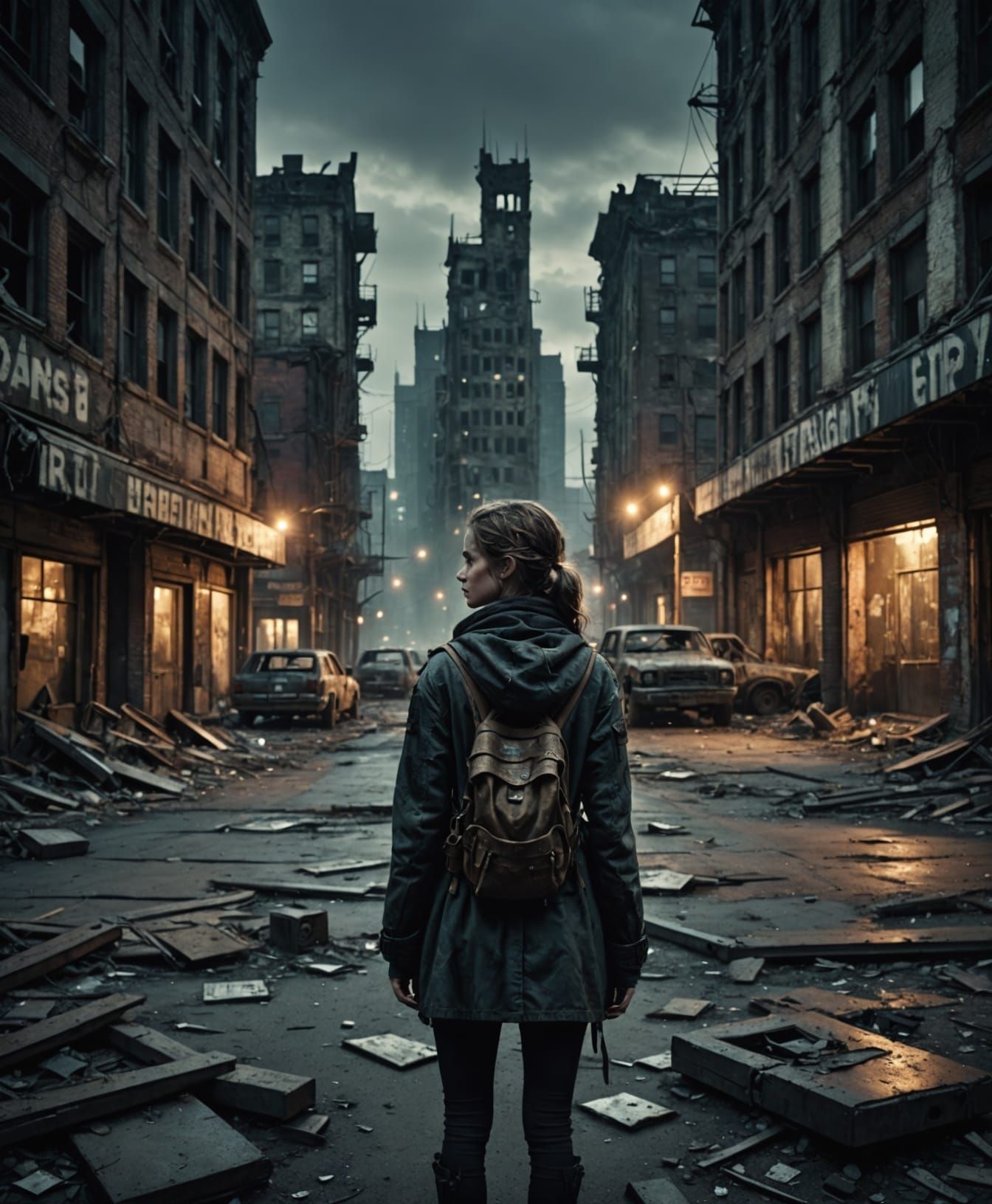 A lone female stands looking out at a post apocalyptic decaying urban ...