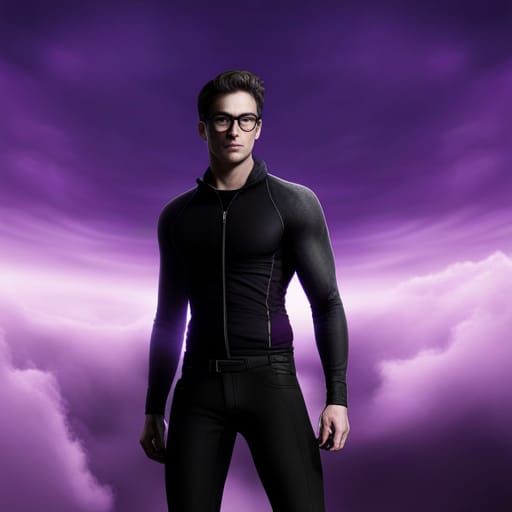 lithe slender male superhero in a black jacket, purple t-shirt, and ...