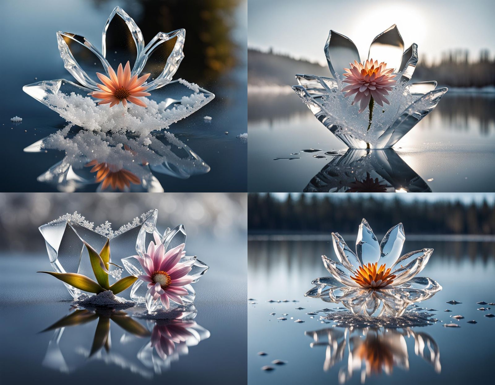 " a beautiful crystal glass shattering flower growing out of a frosty glassy lake - AI Generated ...