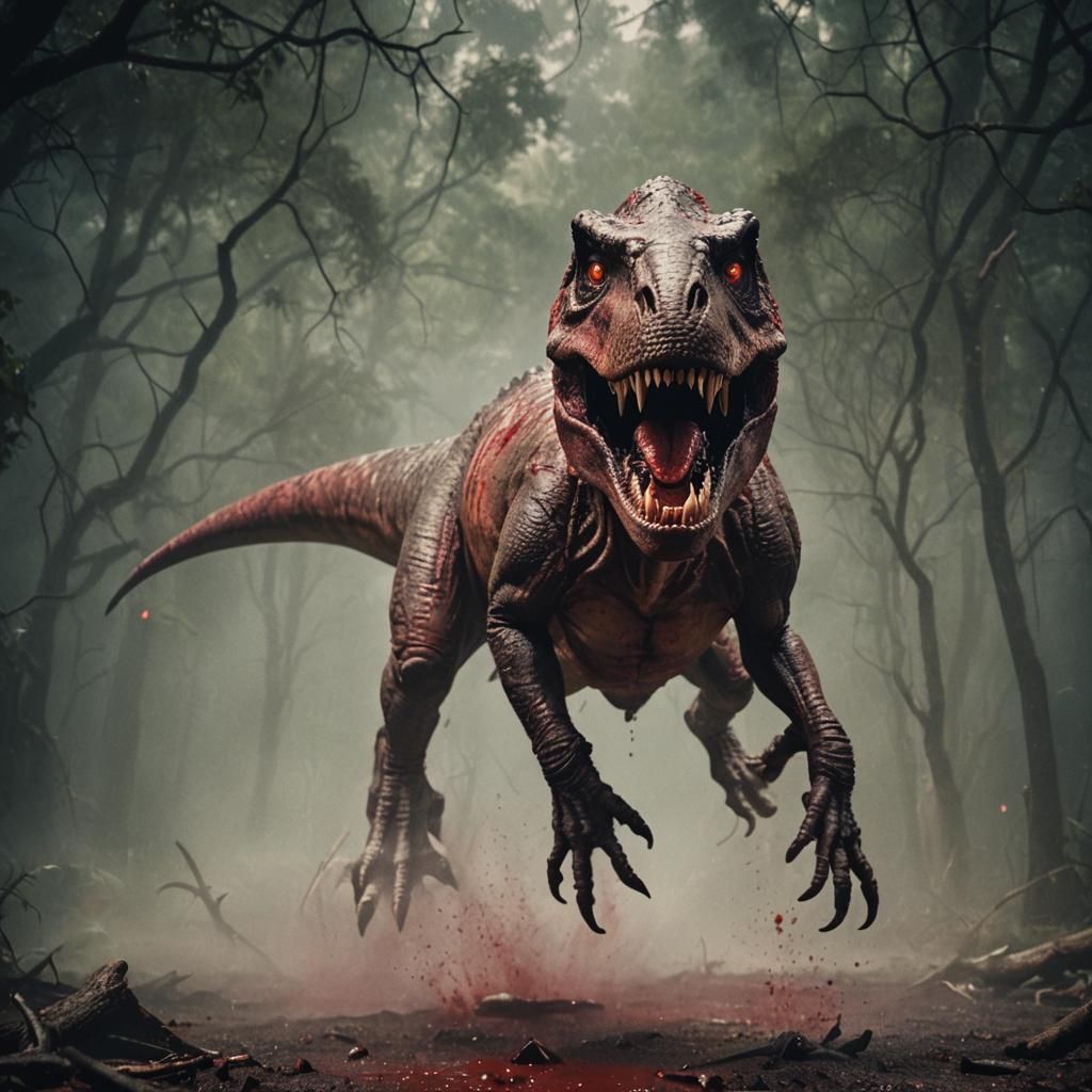 T rex dinosaur jumped covered in blood red eyes - AI Generated Artwork ...