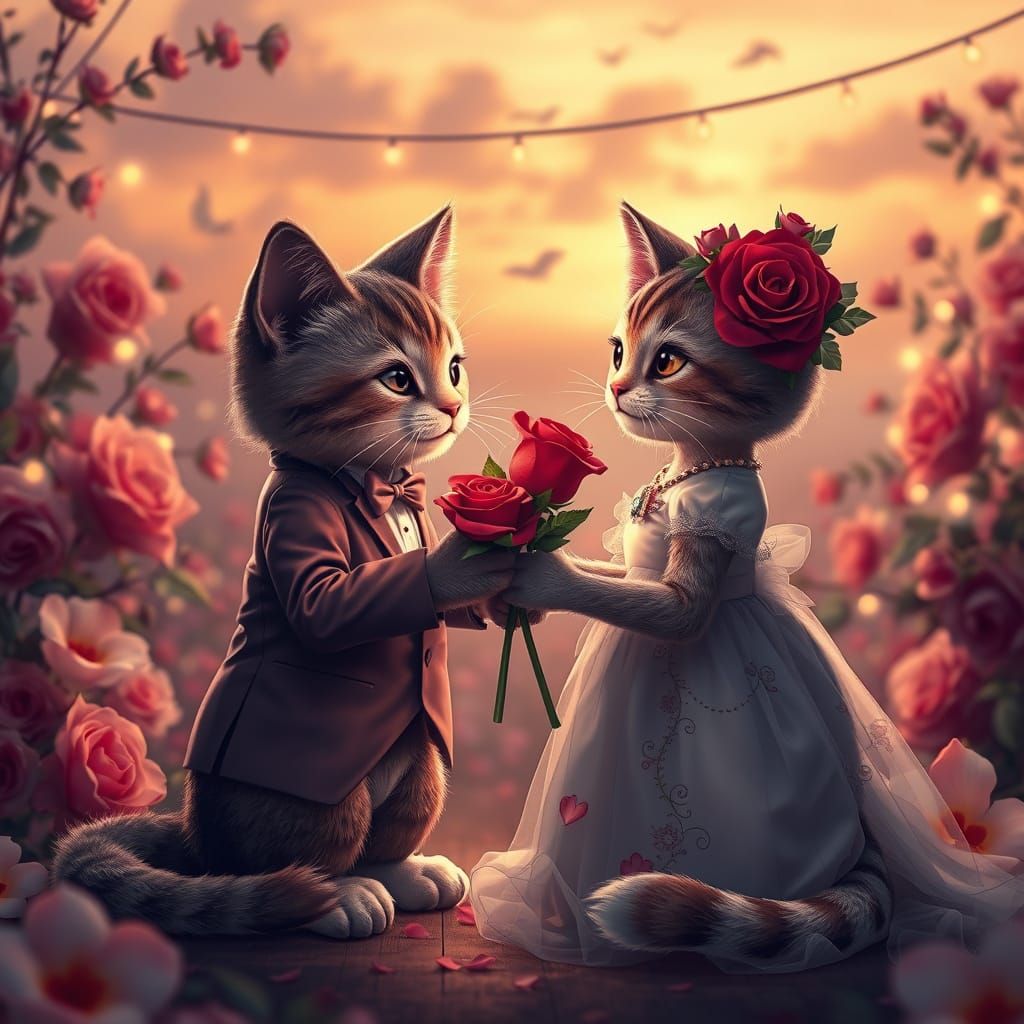 Cute Valentine's cat couple proposing with red roses