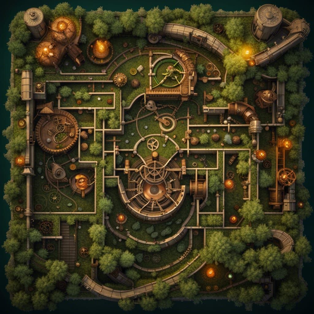 Top view maze in a fantasy forest with dragons, fairies and dwarfs, the ...