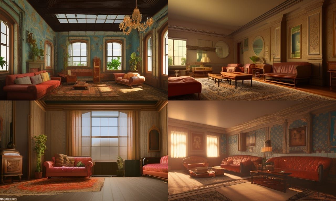 highly detailed interior shot of vintage living room with multiple ...