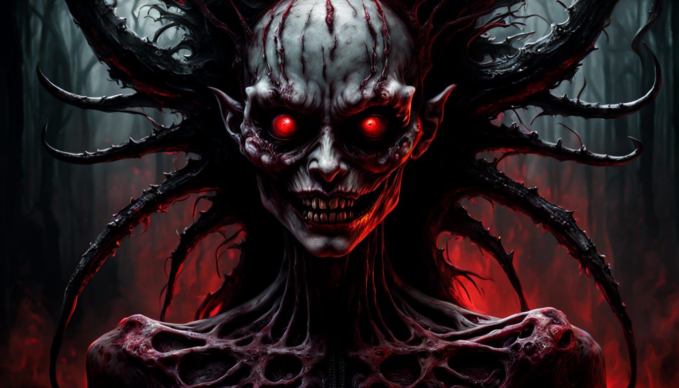 Evil Red Eyes - Grotesque Gothic Demon Woman in a Hellish Ni...